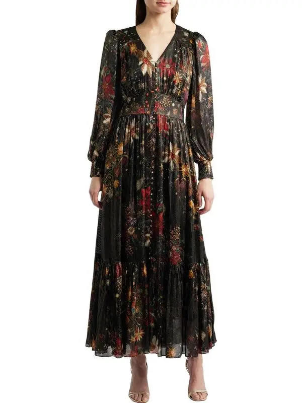 Elie Tahari Floral Metallic Stripe Long Sleeve Silk Blend Dress - Rhinestone Floral