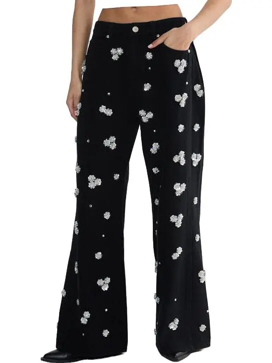 Nasty Gal Limited Embellished Floral Applique Jeans - Washed Black