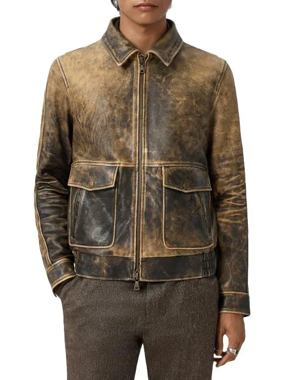 John Varvatos Atlas Distressed Leather Jacket With Removable Shearling Collar - Dark Tan