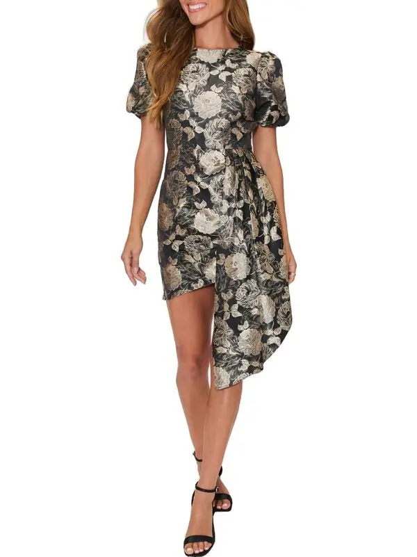 VICI Floral Brocade Pleated Drape Mini Dress - Black/gold