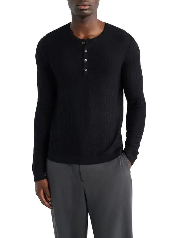 John Varvatos Albano Regular Fit Merino Wool & Silk Rib Henley - Black