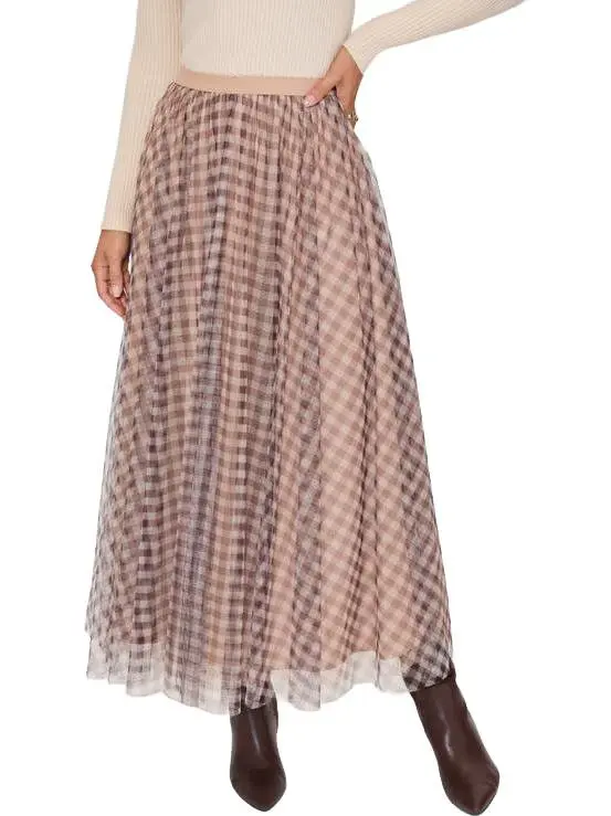VICI Gingham Mesh Overlay Maxi Skirt - Taupe