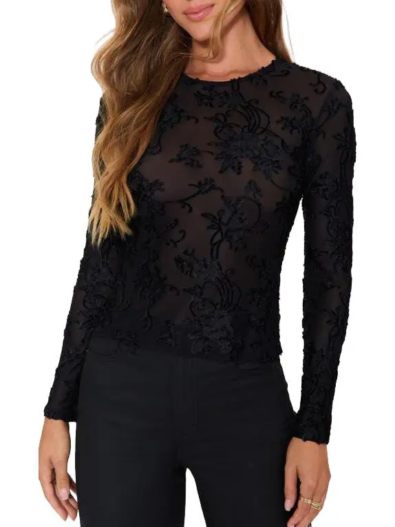 VICI Stella Floral Devoré Long Sleeve Top - Black