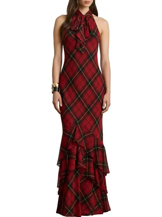 Ralph Lauren Plaid Ruffle Detail Gown - Black/red
