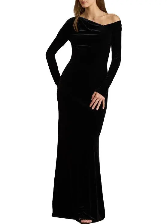Ralph Lauren Cateema Asymmetric Neck Gown - Black Velvet