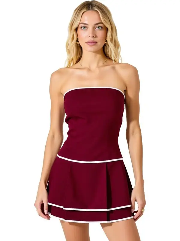 MODENAIRE Strapless Contrast Trim Pleated Mini Dress - Burgundy/white