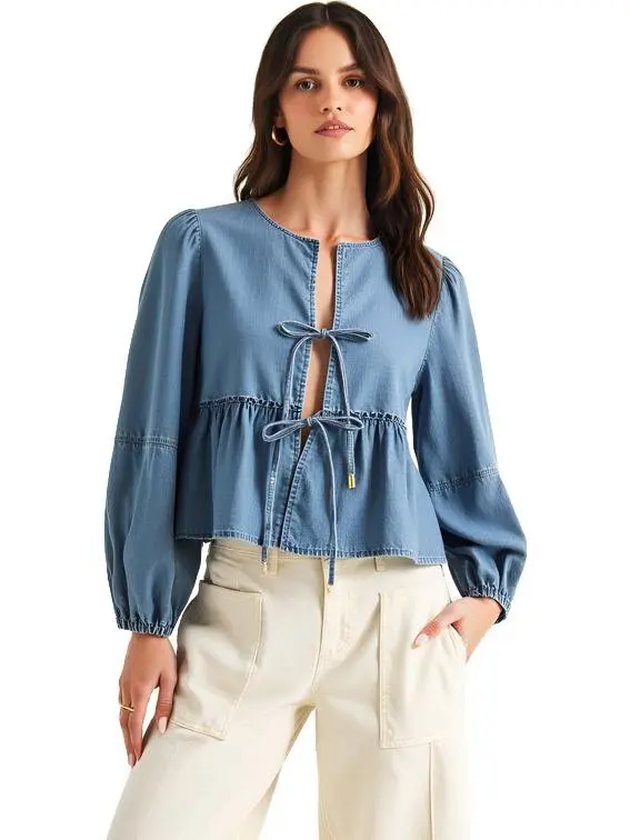 MODENAIRE Long Puff-sleeve Tie-front Peplum Blouse - Denim Blue