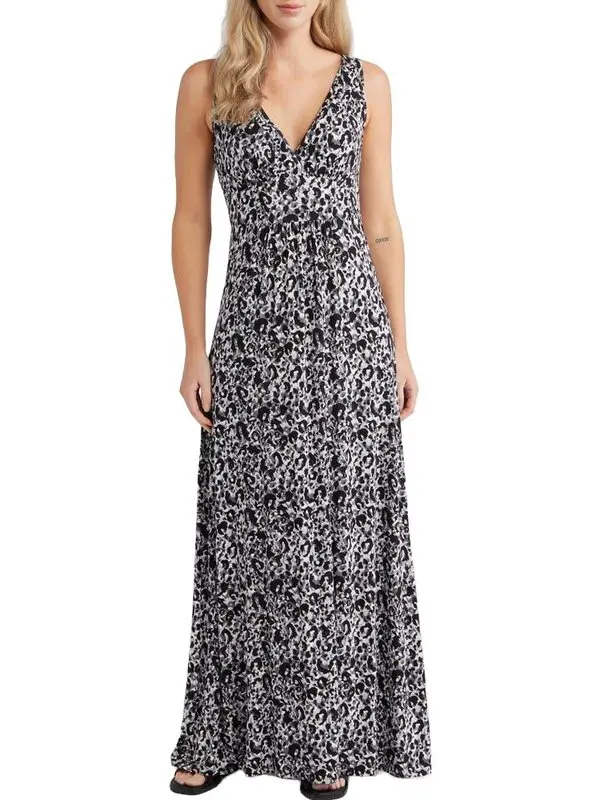 Loveappella Empire Waist Leopard Print Maxi Dress - Gray/black