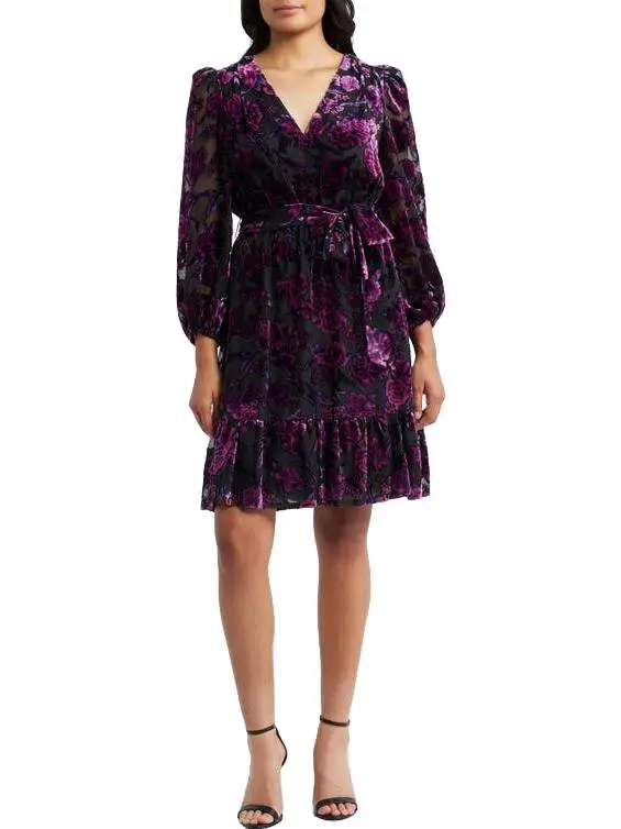 Eliza J Floral Burnout Fit & Flare Cocktail Dress - Black Wild Berry