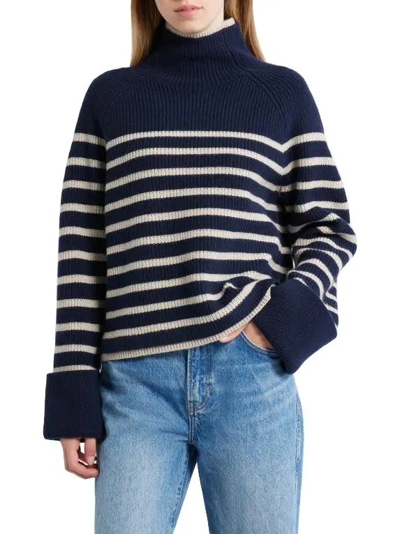 Rag & Bone Stripe Wool Cuff Sleeve Funnel Neck Sweater - Navy