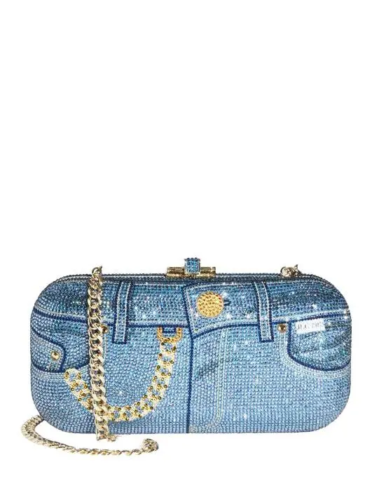 Judith Leiber Slide Jeans Crystal Embellished Clutch - Champagne Denim Blue Multi