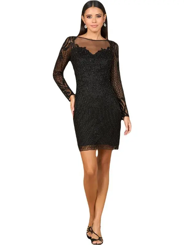 LARA NEW YORK Long Sleeve Beaded Cocktail Dress - Black