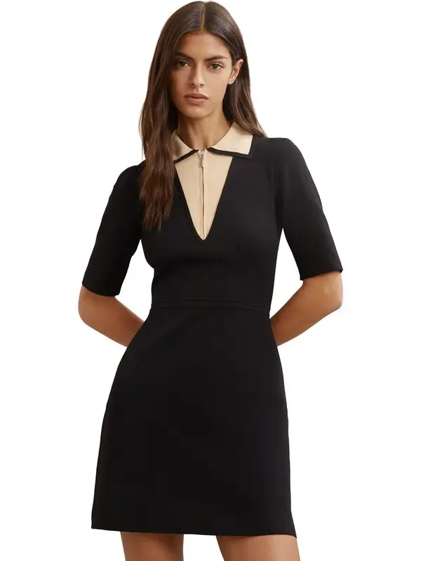 REISS Sophie Contrast-collar Knitted Mini Dress - Black/ivory