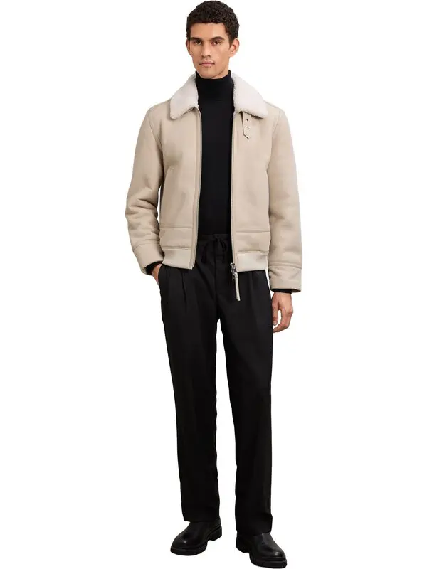 REISS Leather Jacket With Shearling-collar - Light Stone