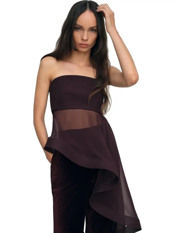 REISS Silk Asymmetric-ruffle Bandeau Top - Burgundy