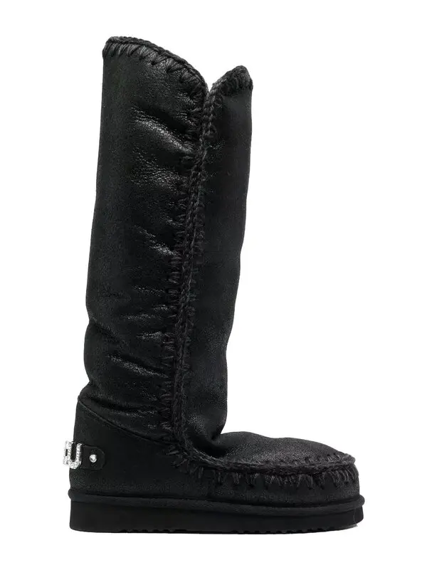 Mou Knee-high Rhinestone Logo Boots - Black