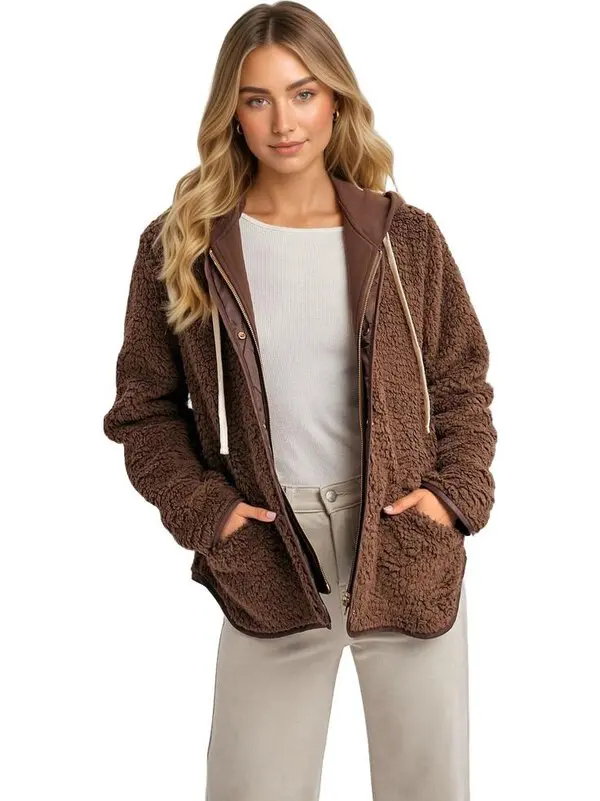 KNIT & LOUNGE Cozy Hooded Jacket - Brown