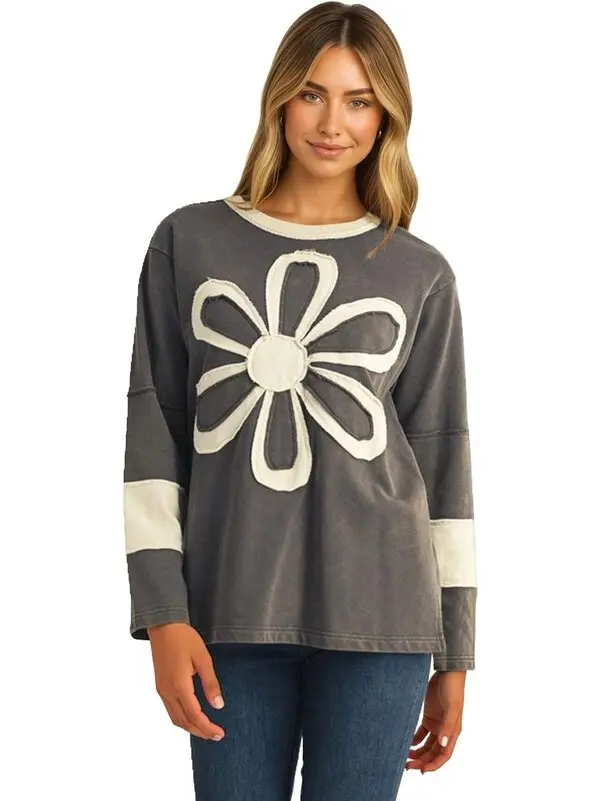 KNIT & LOUNGE Floral Appliqué Long Sleeve Top - Gray With Floral Applique