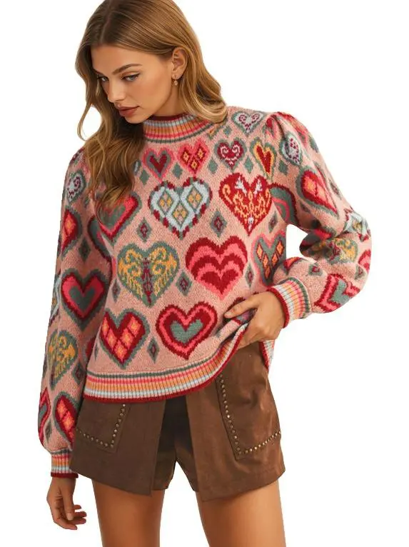 KNIT & LOUNGE Heart Print Knit Sweater - Pink/multi