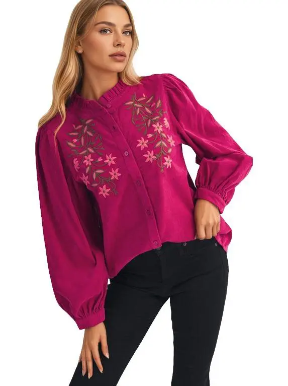 KNIT & LOUNGE Button-front Embroidered Floral Long Sleeve Blouse - Pink /magenta
