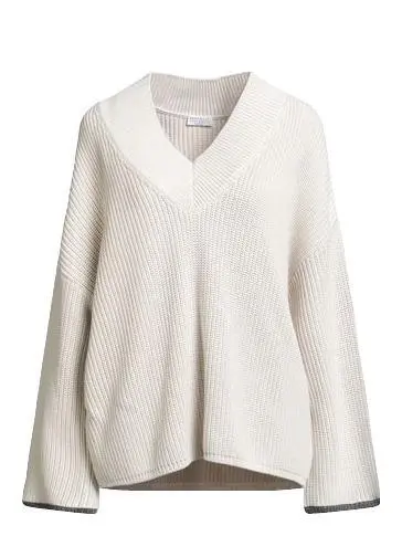 Brunello Cucinelli Knitted V-neck Cotton Sweater With Ecobrass Trim - Beige