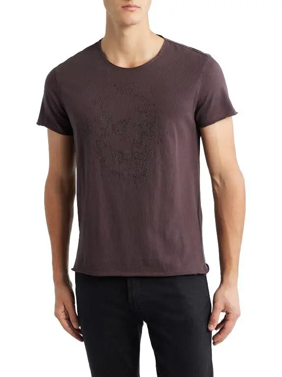 John Varvatos Beaded Skull Raw Edge Graphic Organic Cotton T-shirt - Oxblood