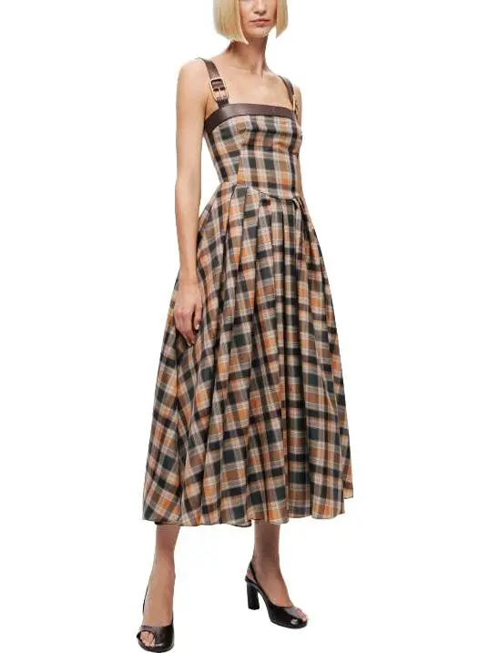 NOCTURNE Plaid Pleated Maxi Dress With Faux Leather Belt - Multi-colored