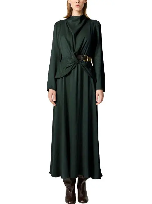 NOCTURNE Draped Belted Long-sleeve Maxi Dress - Dark Green