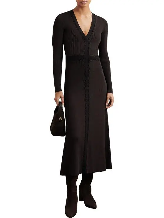 REISS Laura Ribbed Long Sleeve Midi Sweater Dress - Chocolate Brown