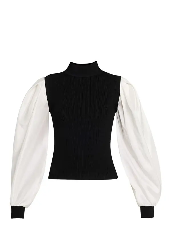 Simkhai Jackie Ribbed Knit Top With Taffeta Sleeves - Blkpat