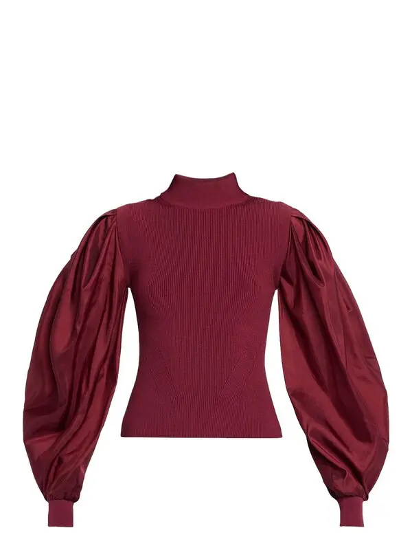 Simkhai Jackie Ribbed Knit Top With Taffeta Sleeves - Cranberry