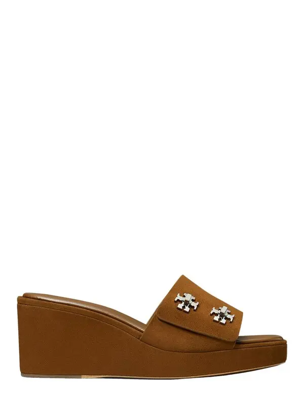Tory Burch Turnlock Suede Wedge Sandals - Cognac Bro