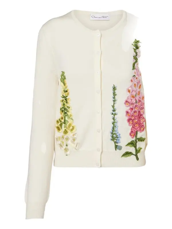 Oscar De La Renta Foxgloves Embroidered Virgin Wool Cardigan - White