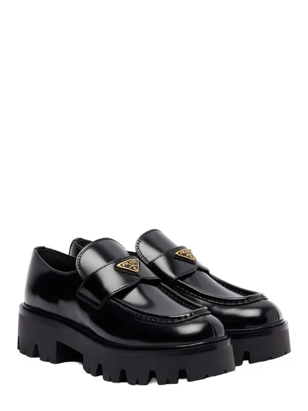 Prada Logo Leather Platform Loafers - Black