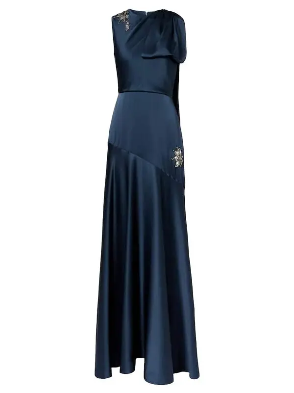 Erdem Embellished Scarf-detail Satin Cady Gown - Blue