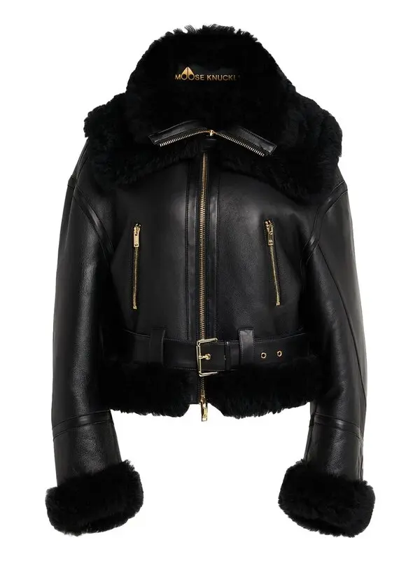 Moose Knuckles Mtd Leather Biker Jacket With Shearling Trim - Black