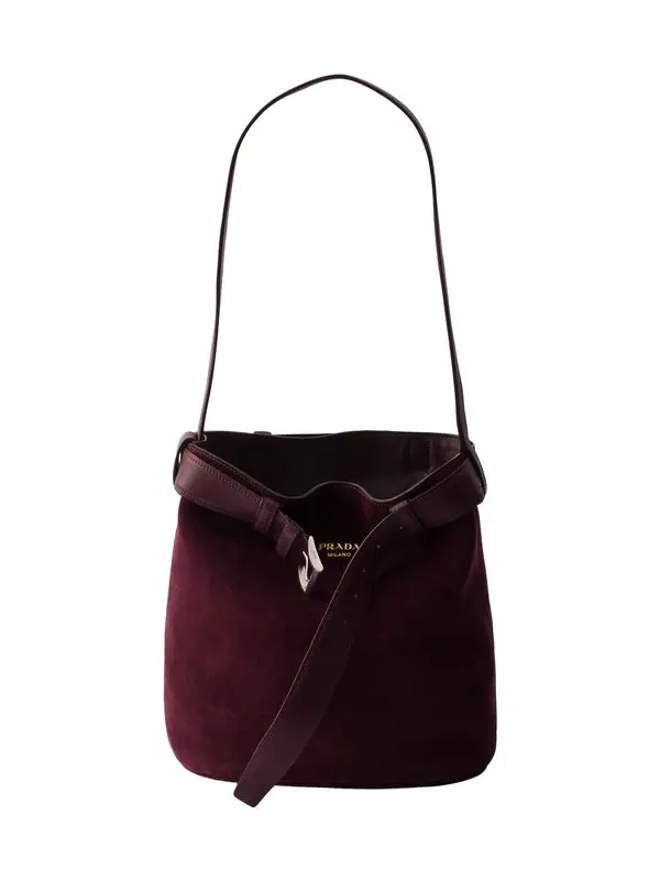 Prada Buckle Belted Suede Bucket Bag - Red