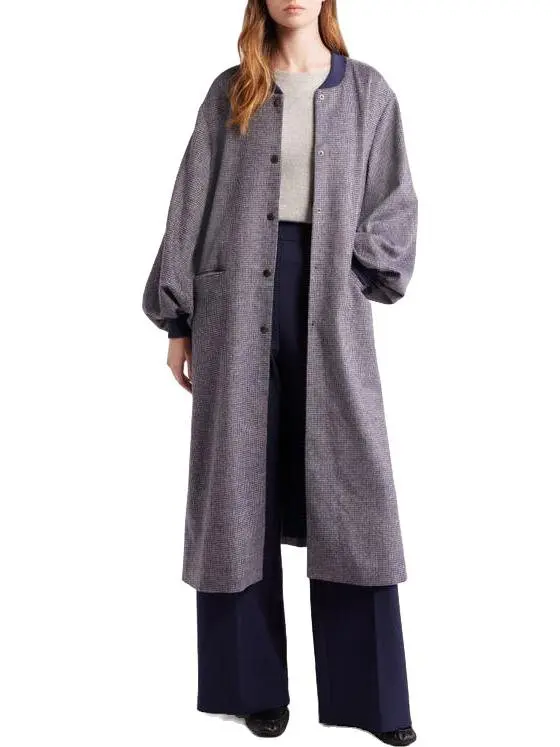 Dra Cameron Balloon Sleeve Wool Blend Long Coat - Navy Check