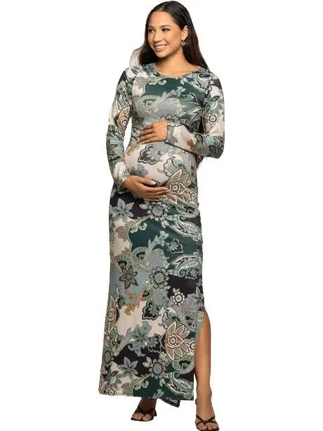 24SEVEN COMFORT APPAREL Paisley Print Long Sleeve Side Slit Maxi Dress - Green Multi