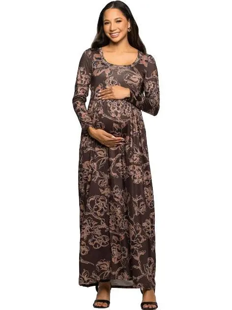 24SEVEN COMFORT APPAREL Floral Long Sleeve Scoop Neck Maxi Dress - Brown Multi