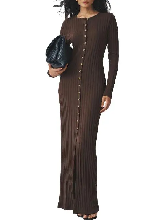 NEXT Long Sleeve Rib Maxi Dress - Brown