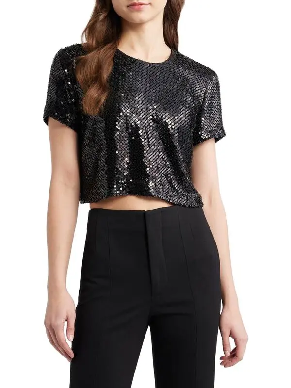 FRAME Sequin Embellished Crop Top - Black