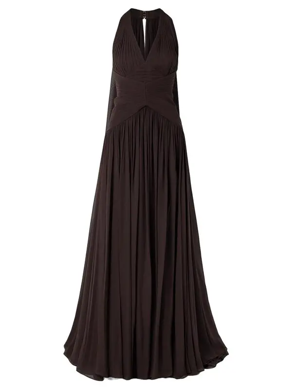 Elie Saab Cape-effect Gathered Silk-georgette Gown - Brown