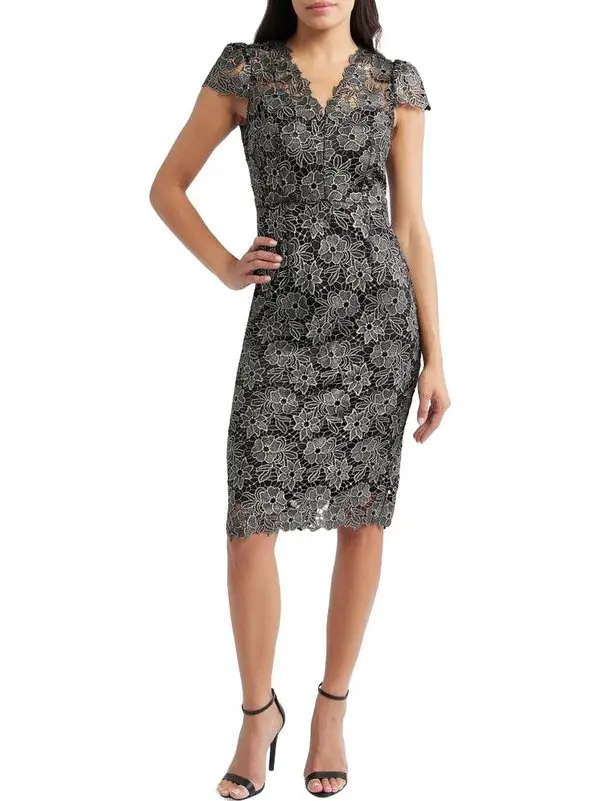 Eliza J Floral Lace Sheath Dress - Black Gold