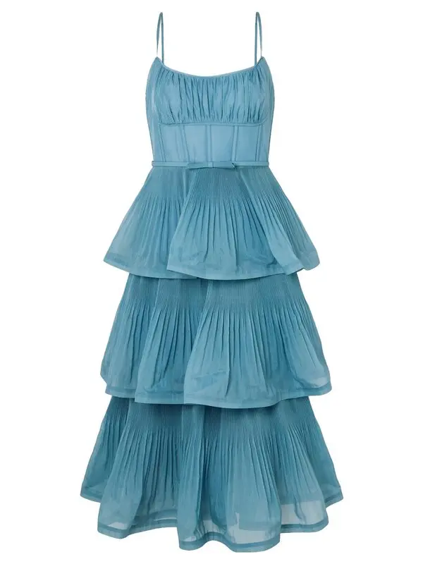 Zimmermann Tiered Pleated Voile Midi Dress - Blue