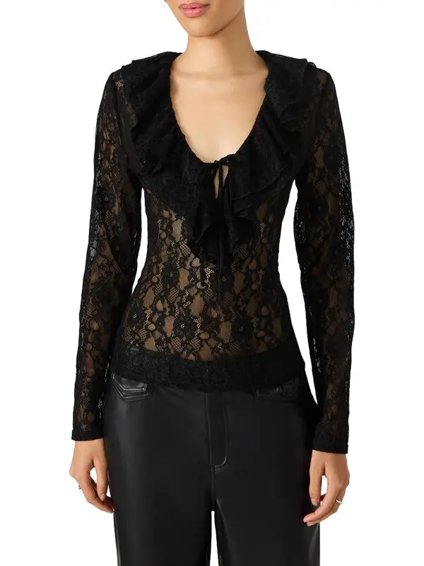 Steve Madden Elvie Sheer Lace Long Sleeve Top - Black