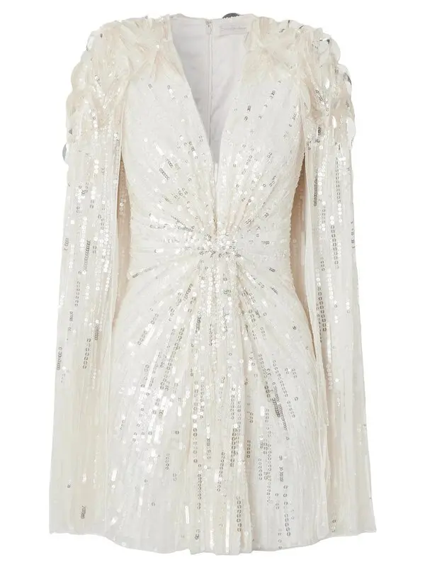 Jenny Packham Sequin Embellished Tulle Mini Dress - Neutrals