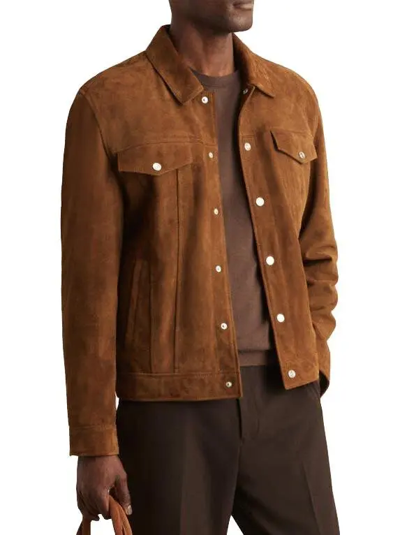 REISS Edington Goatskin Suede Trucker Jacket - Tobacco Brown