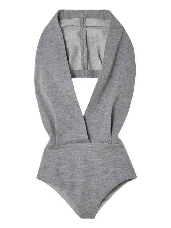 Balmain Hooded Open-back Draped Wool-blend Jersey Bodysuit - Gray