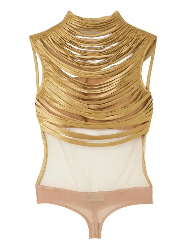 ANDRES OTALORA Pulsos Fringed Silk-charmeuse And Mesh Bodysuit - Gold